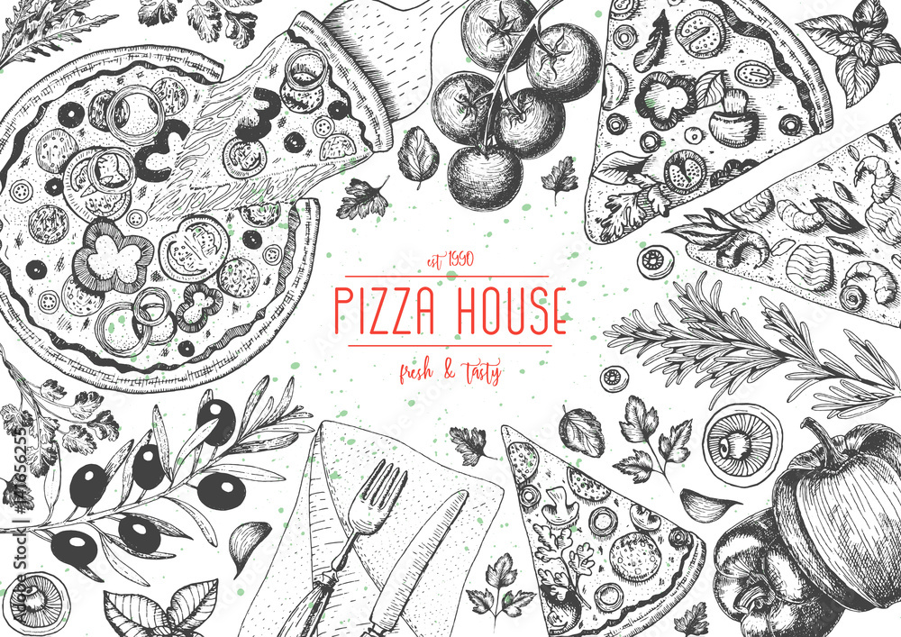 Italian pizza top view frame. Italian food menu design template ...