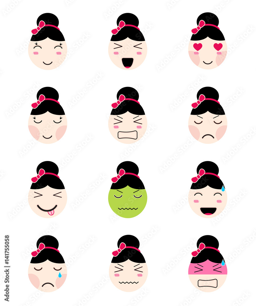Cute emoji collection. Kawaii asian girl face. Set of flat emoticon in ...