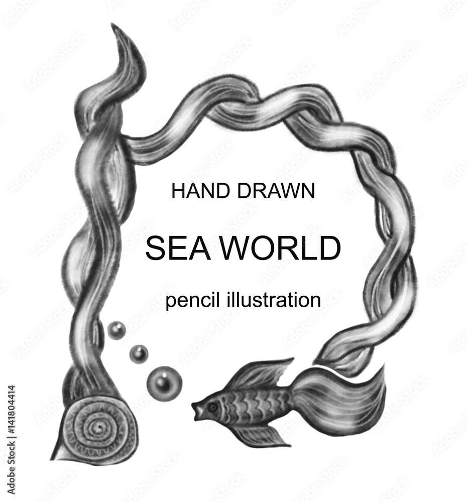 Hand drawn set of sea world on the white background, isolated ...