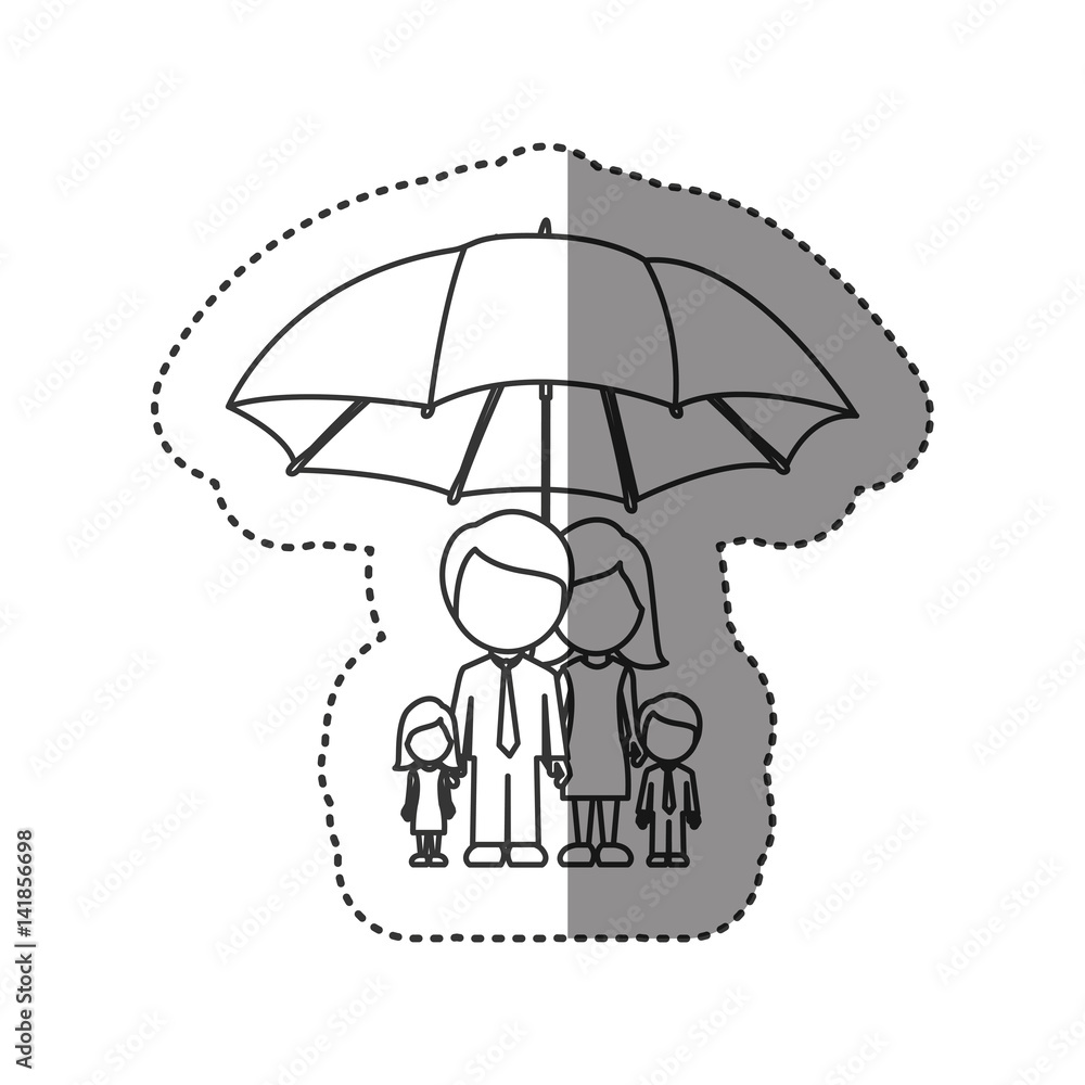 sticker of monochrome contour of umbrella protecting faceless family ...