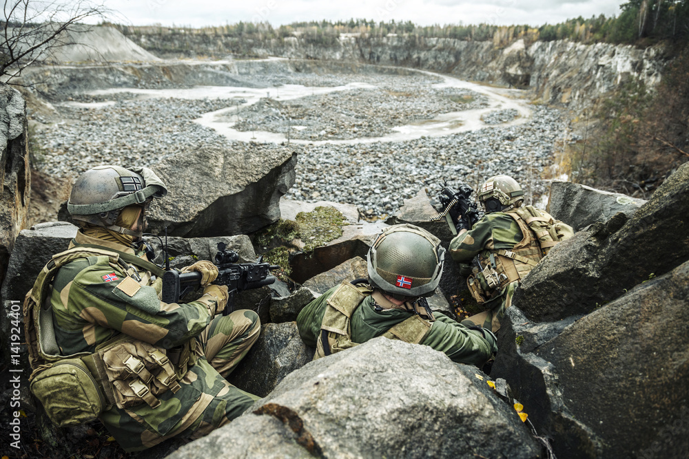 Patrol of norwegian Rapid reaction special forces FSK soldiers in field ...