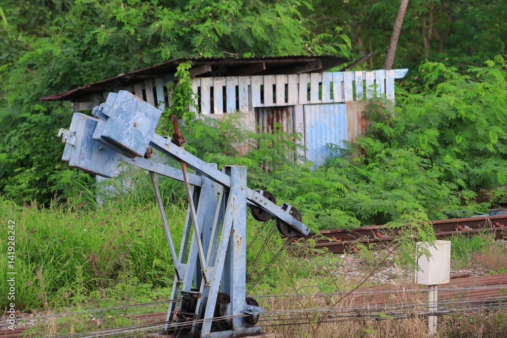 Hand-operated railroad switch with lever and signal. Stock Photo ...
