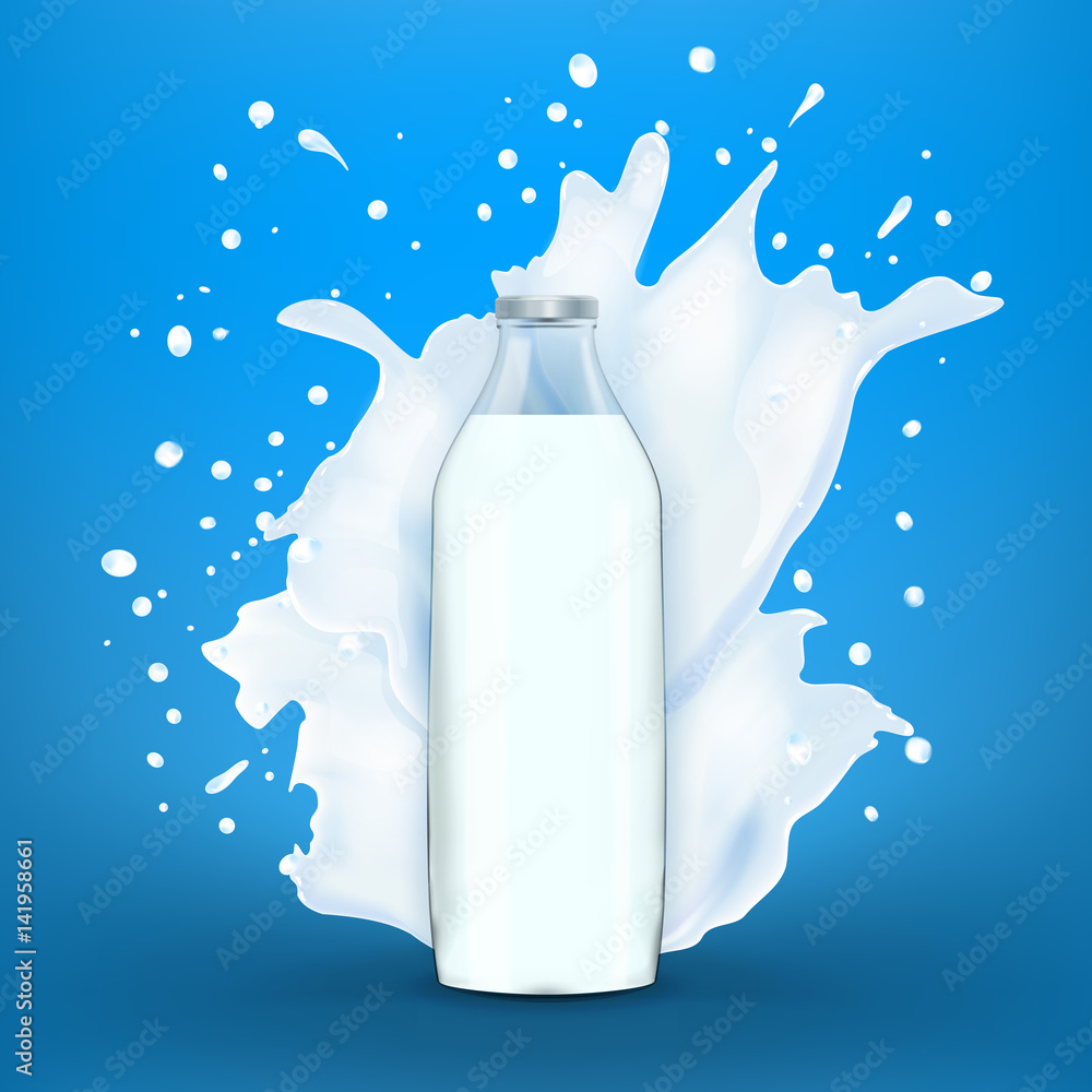 Big milk splash behind of full transparent bottle of milk with lot of ...