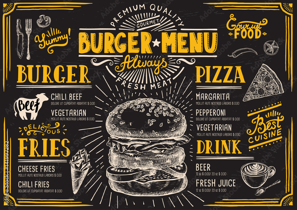 Burger menu restaurant, food template. Stock Vector | Adobe Stock