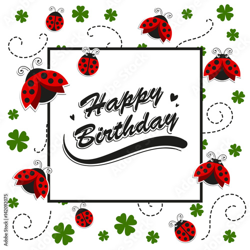 Vector Illustration of a Happy Birthday Greeting Card with Ladybugs ...