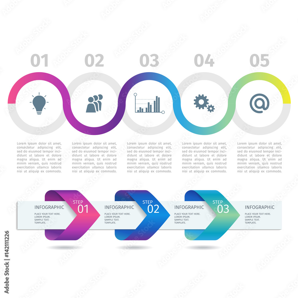 Colorful Infographic process chart and arrows with step up options ...