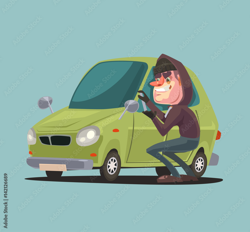 Robber man character steals and breaking car door. Vector flat cartoon ...