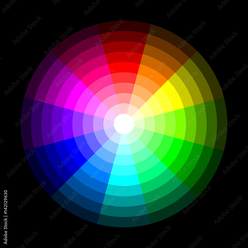 RGB color wheel from dark to light, on black background. Vector Stock ...
