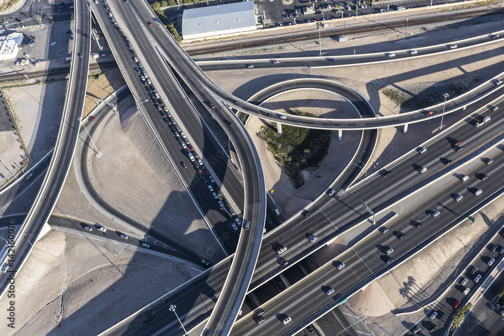 Aerial view of routes 15 and 95 freeway interchange ramps in downtown ...