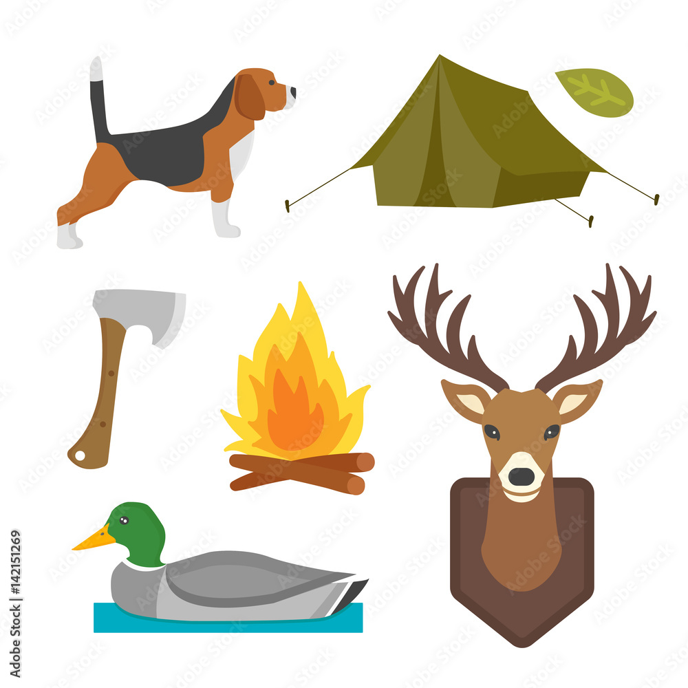 Set of vintage hunting symbols camping objects design elements flat ...
