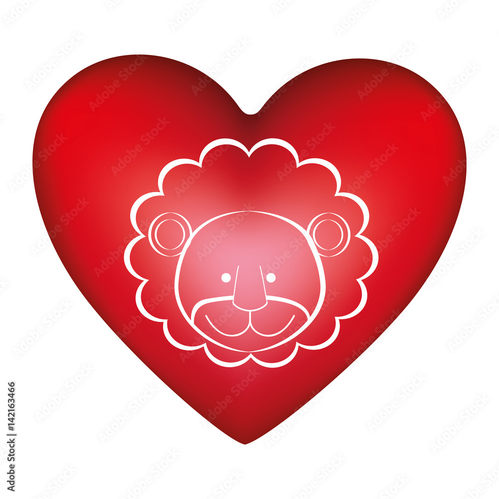 red heart shape with silhouette face cute lion animal vector ...