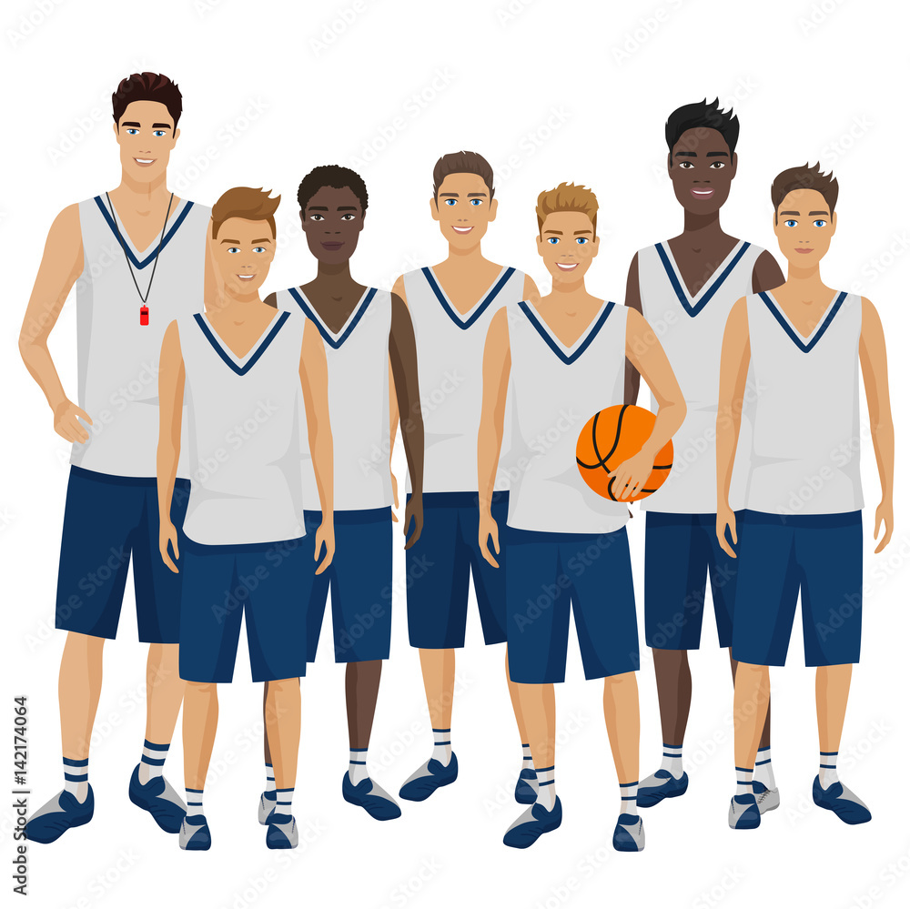 Vector illustration of the young basketball players team with coach ...