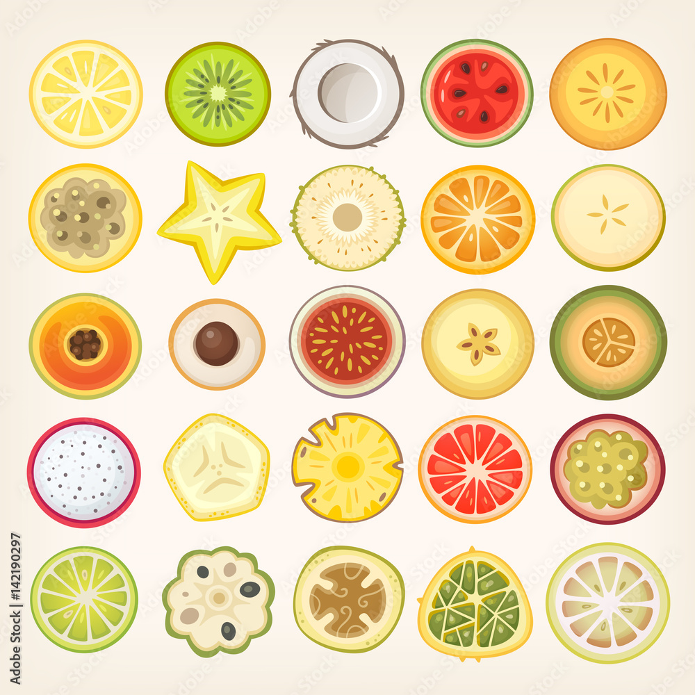 Fruit slices illustrations. Vector fruit and berry cut in halves ...
