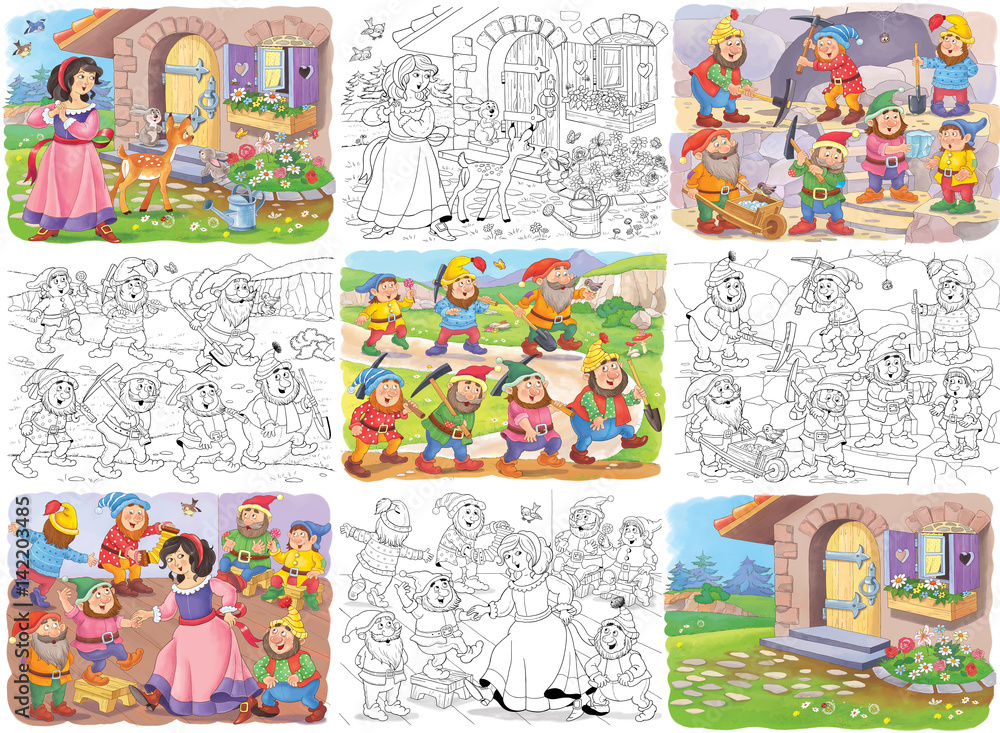 Snow White and the seven dwarfs. Fairy tale. Coloring page ...