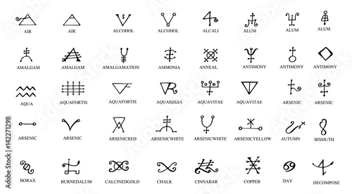 A set of alchemical symbols isolated on white. Hand drawn elements for ...
