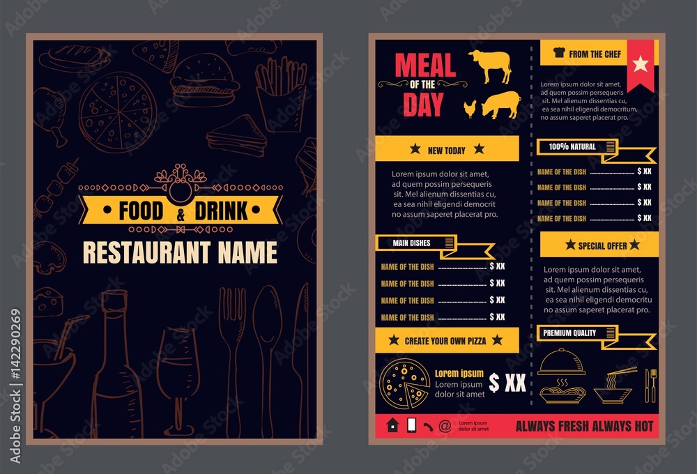 Brochure or poster Restaurant food menu with Chalkboard Background ...