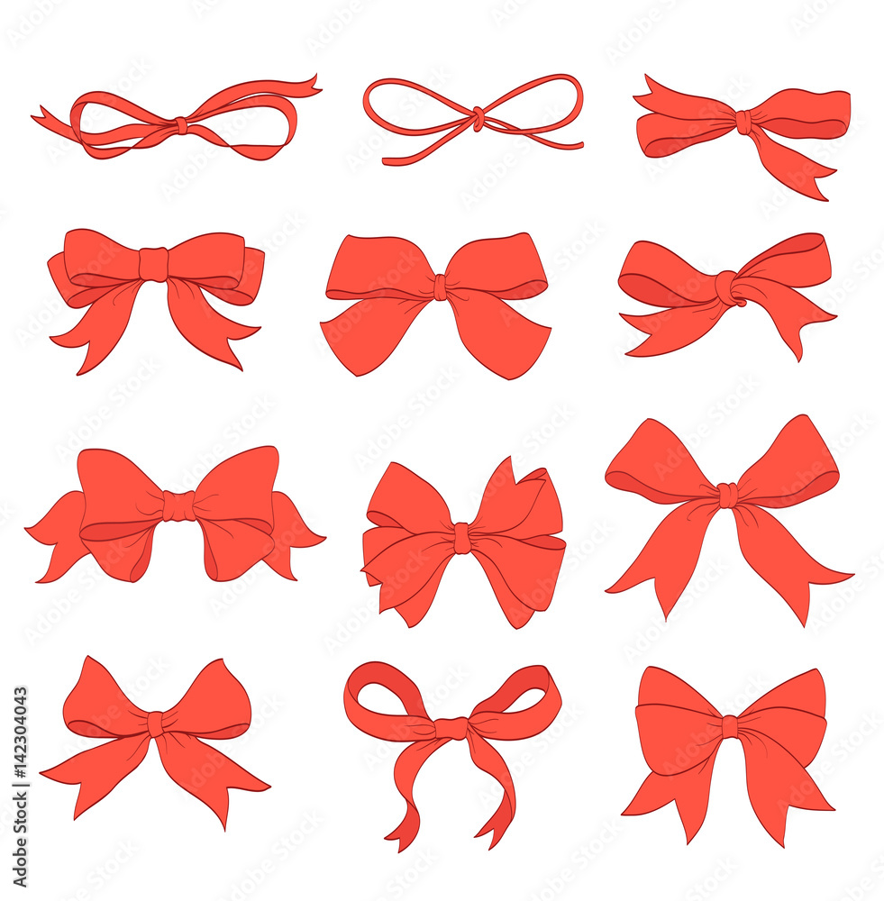 set of red thin bows and horizontal ribbons on white. hand drawn vector ...