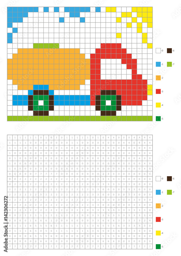 Coloring book with numbered squares. Kids coloring page, pixel coloring ...