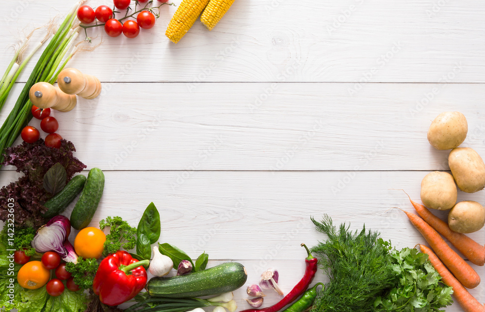 Fresh vegetables border on white wood background with copy space Stock ...