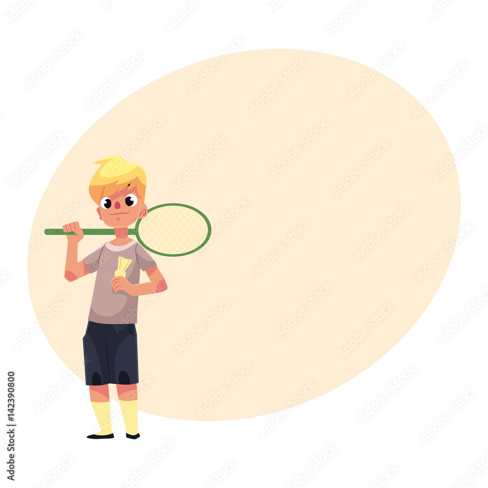 Teenage Caucasian boy halding badminton racket and birdie, cartoon ...
