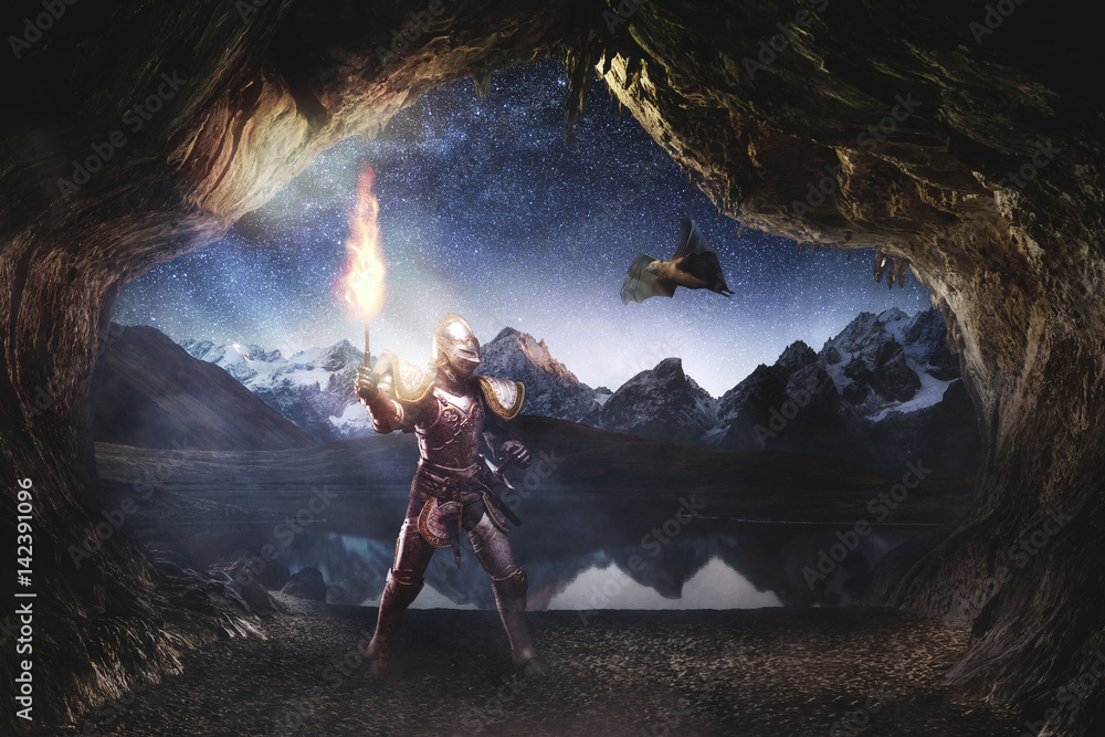 Stock-Foto „Knight exploring a cave. “ | Adobe Stock