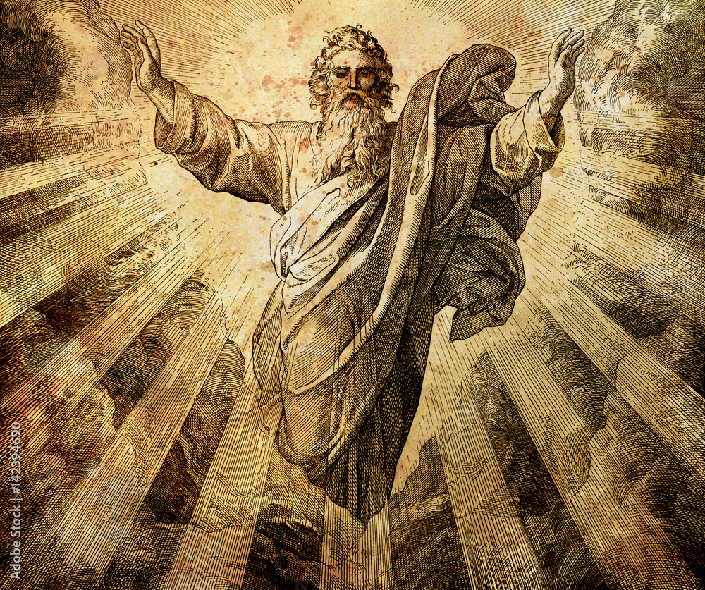 Stockillustratie God creator creating the world, graphic collage from ...