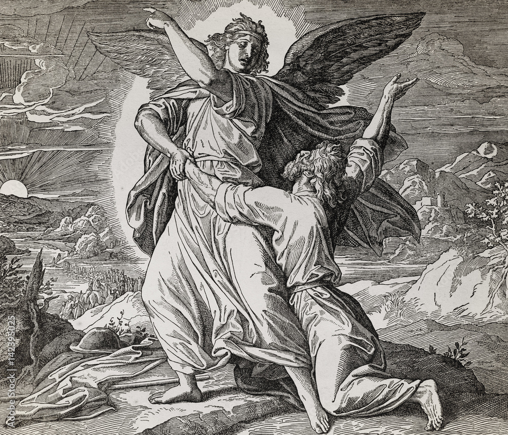 Jacob wrestling with the angel of god, graphic collage from engraving ...