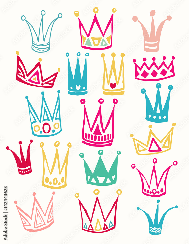 Set of cute cartoon crowns. Hand drawing vector background. Bright ...