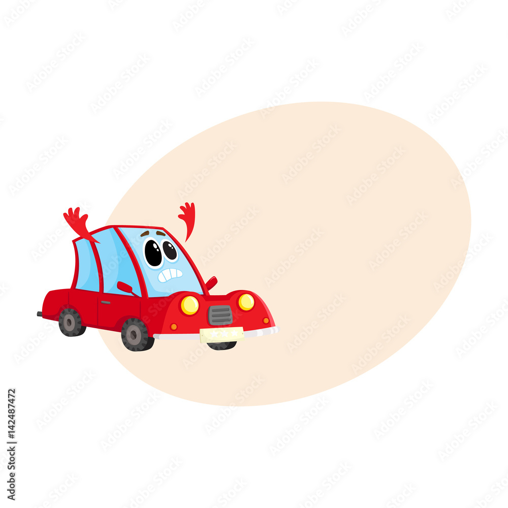 Funny red car, auto character flinging up its arms in dismay, despair ...