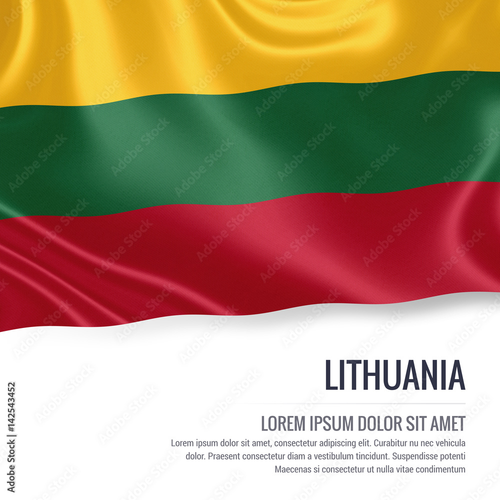 Silky flag of Lithuania waving on an isolated white background with the ...