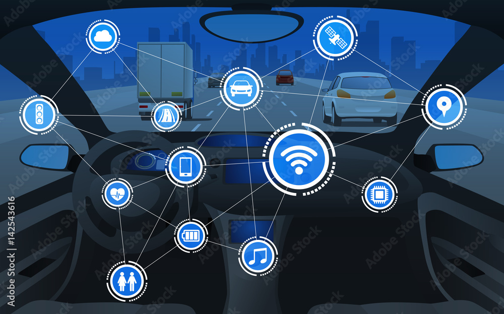 vehicle cockpit front view and wireless communication network ...