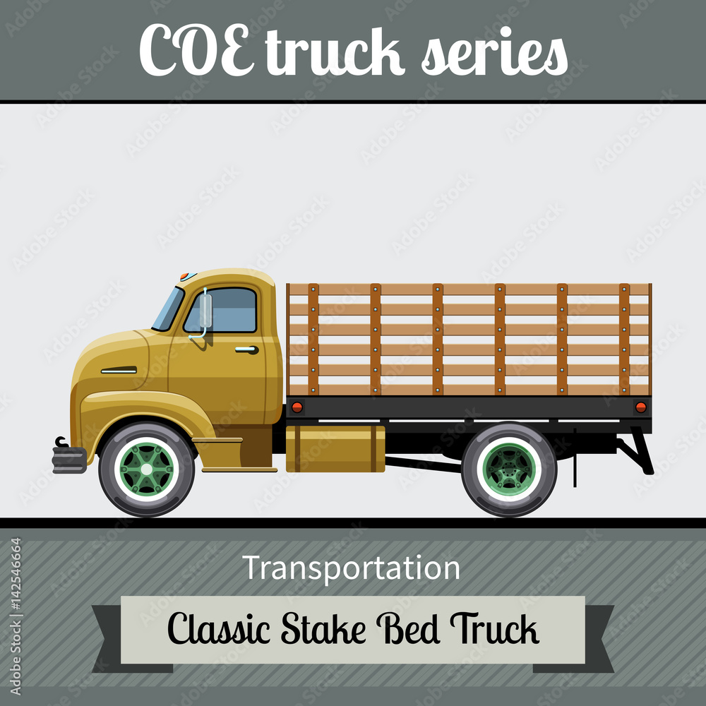 Classic COE (cab over engine) stake bed truck side view. Vector ...