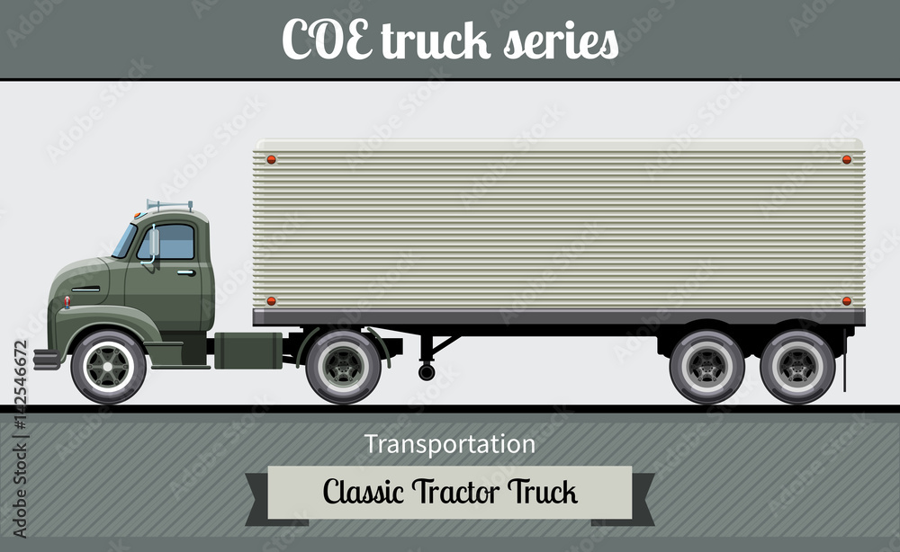 Classic COE (cab over engine) tractor trailer truck side view. Semi ...