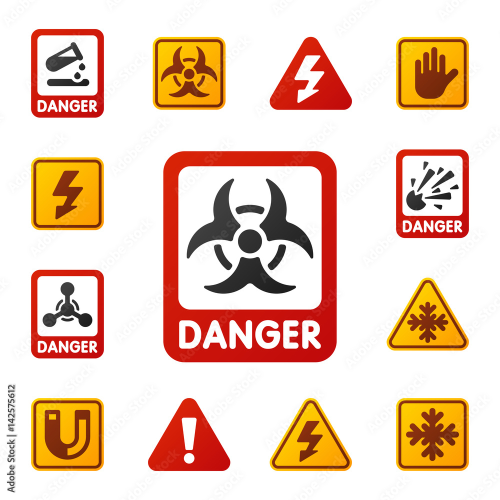 Prohibition signs set industry production vector yellow red warning ...