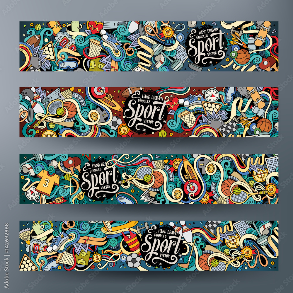 Cartoon vector hand drawn doodles Sport banners Stock Vector | Adobe Stock
