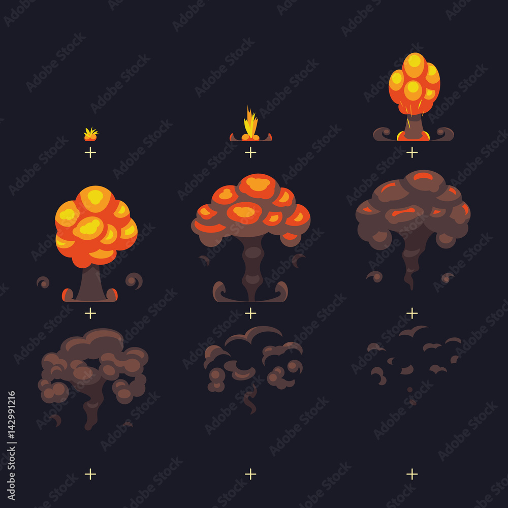 Cartoon atomic bomb explosion, ground explosion with smoke and dust ...