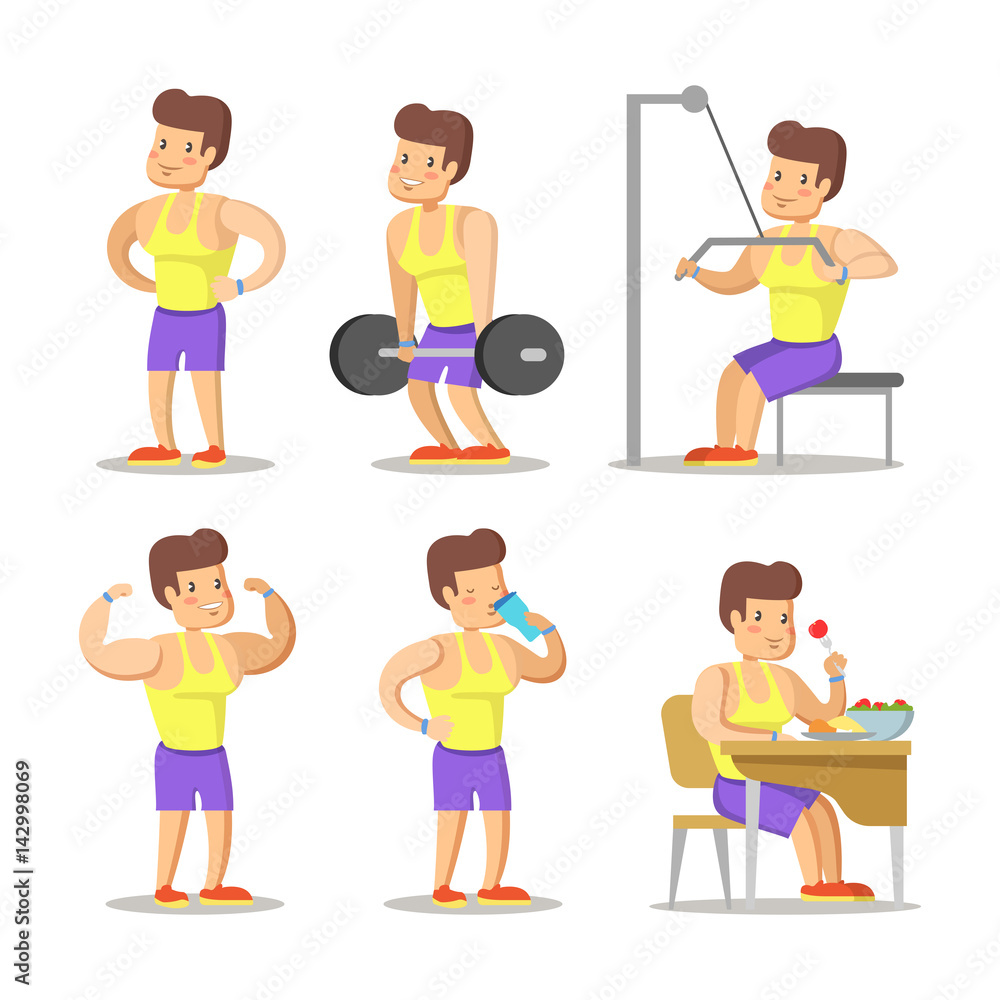Strong Man Cartoon. Body Builder in Gym. Healthy Lifestyle. Vector ...