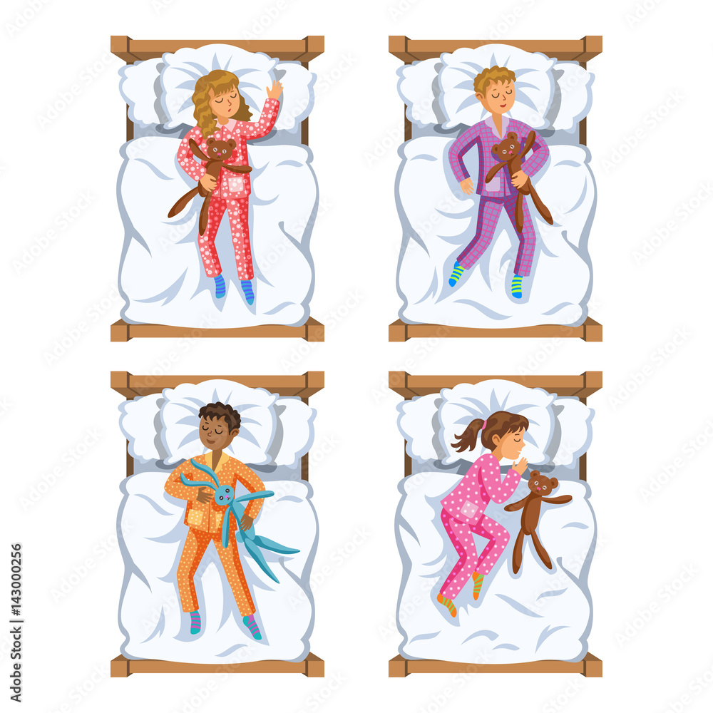 Set of kids sleeping in different poses in their beds. Bedtime. Cartoon ...
