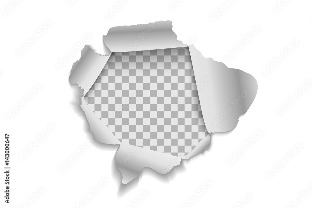 Torn paper realistic, hole in the sheet of paper on a transparent ...