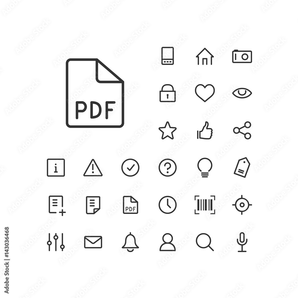 Document PDF icon in set on the white background. Universal linear ...