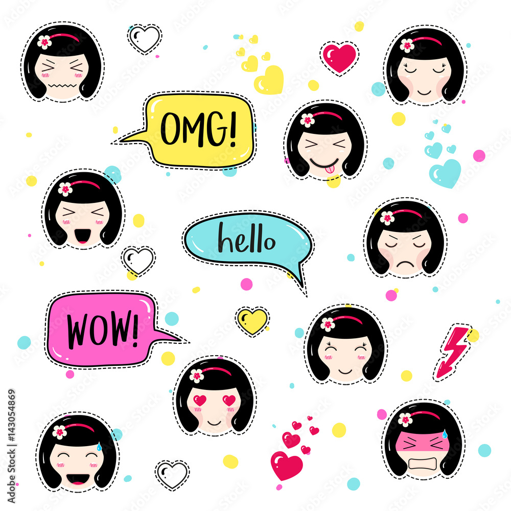 Vector de Stock Set of cute patch badges. Girl emoji with different ...