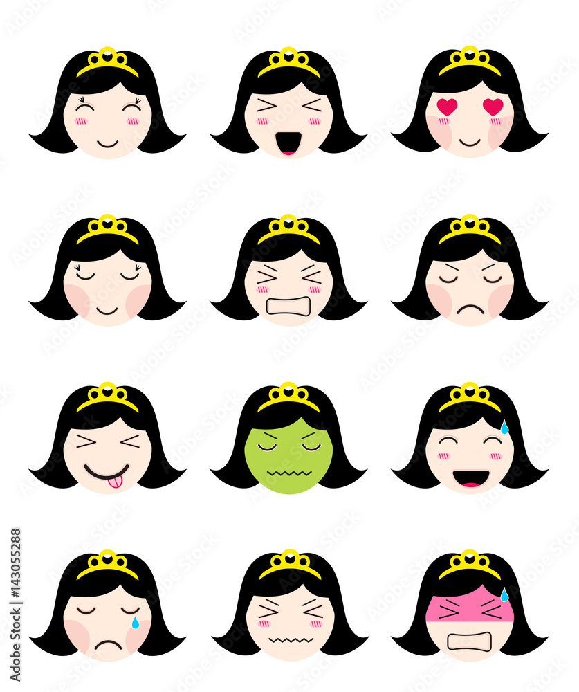 Cute emoji collection. Kawaii asian girl face. Set of flat emoticon in ...