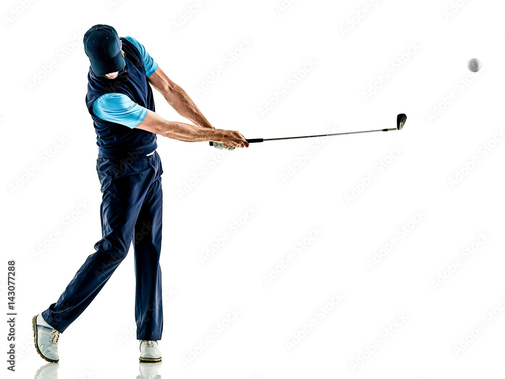 one caucasian man golfer golfing in studio isolated on white background ...