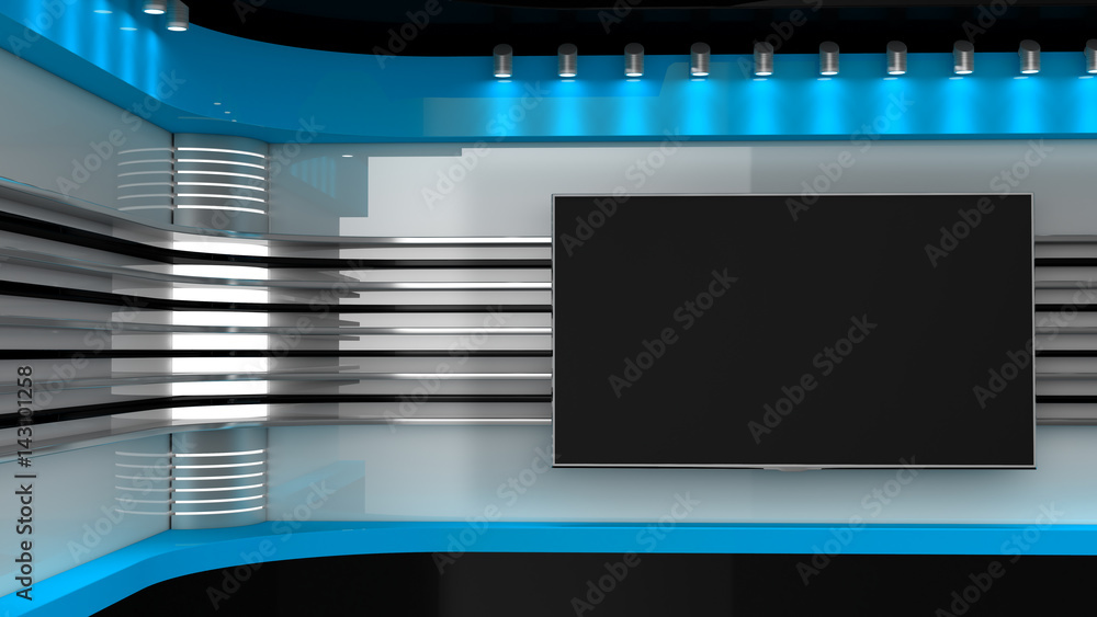 Tv Studio. Blue studio. Backdrop for TV shows .TV on wall. News studio ...