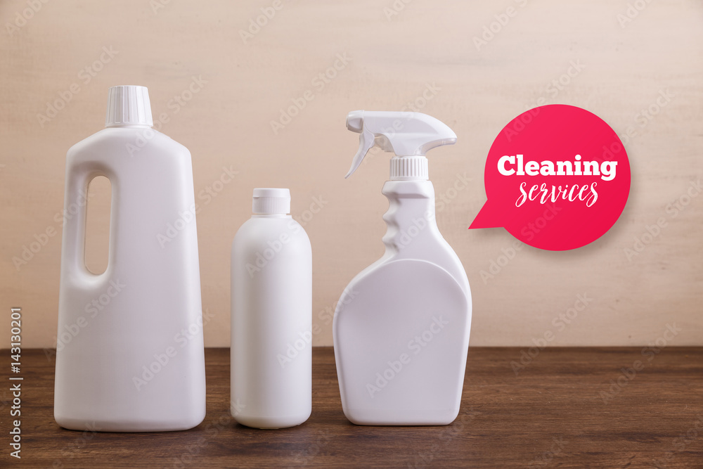 Mock-up plastic bottles. Cleaning services speech bubble. Cleaning ...