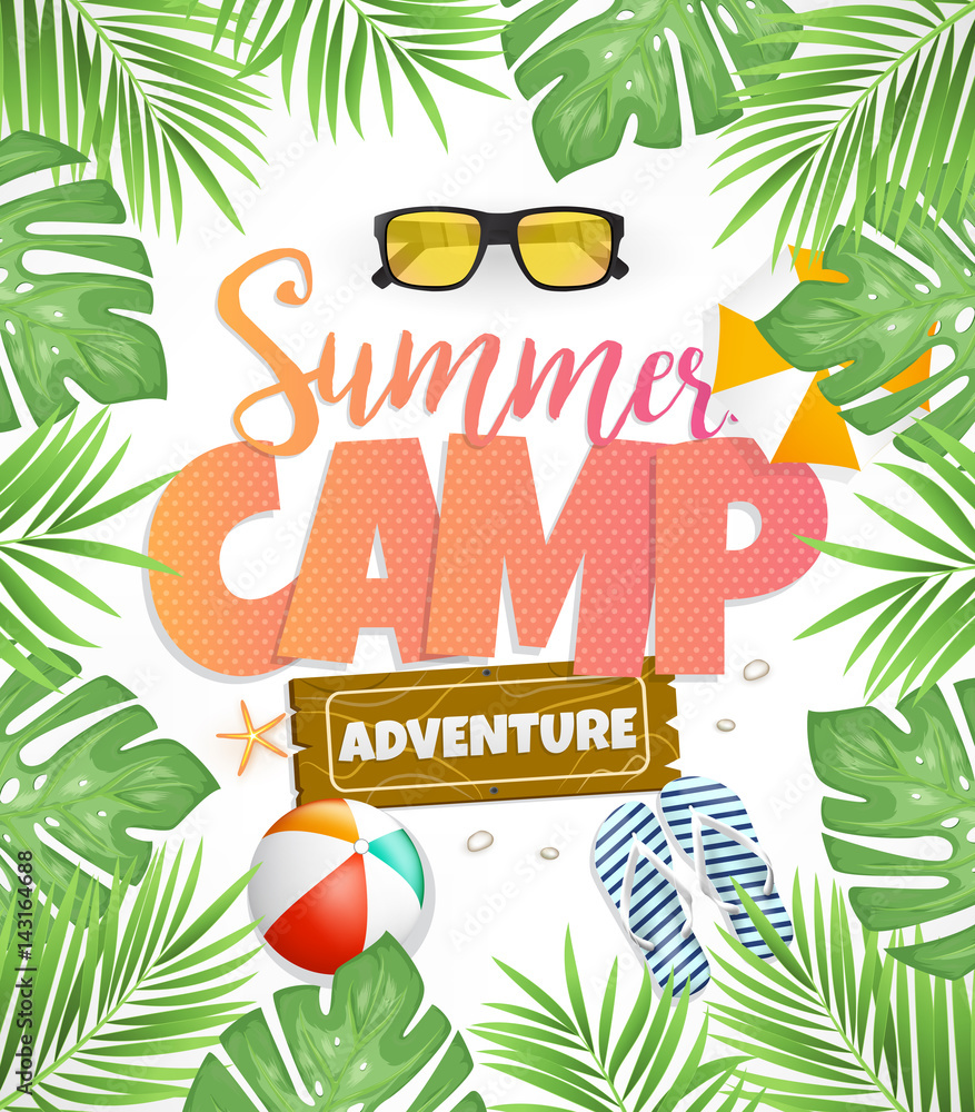 Summer Camp Vector Poster Design for Adventure with Tropical Leaves ...
