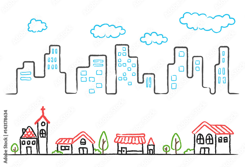 Cartoon hand drawing of city landscape and small town. vector ...
