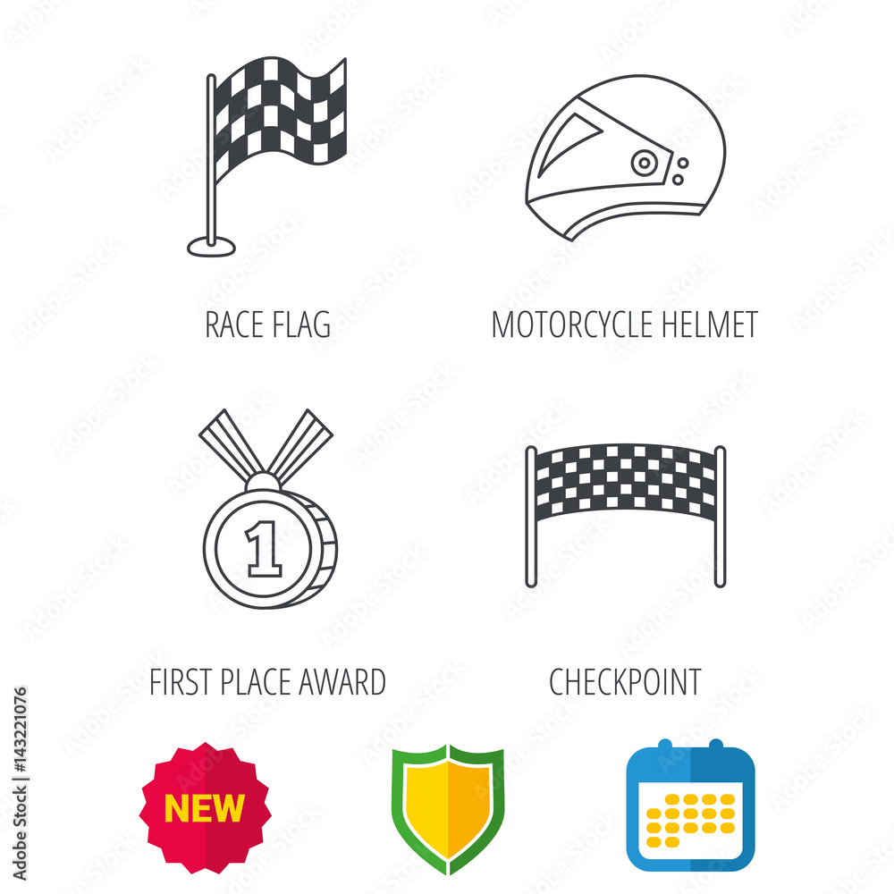 Race flag, checkpoint and motorcycle helmet icons. Winner award medal ...