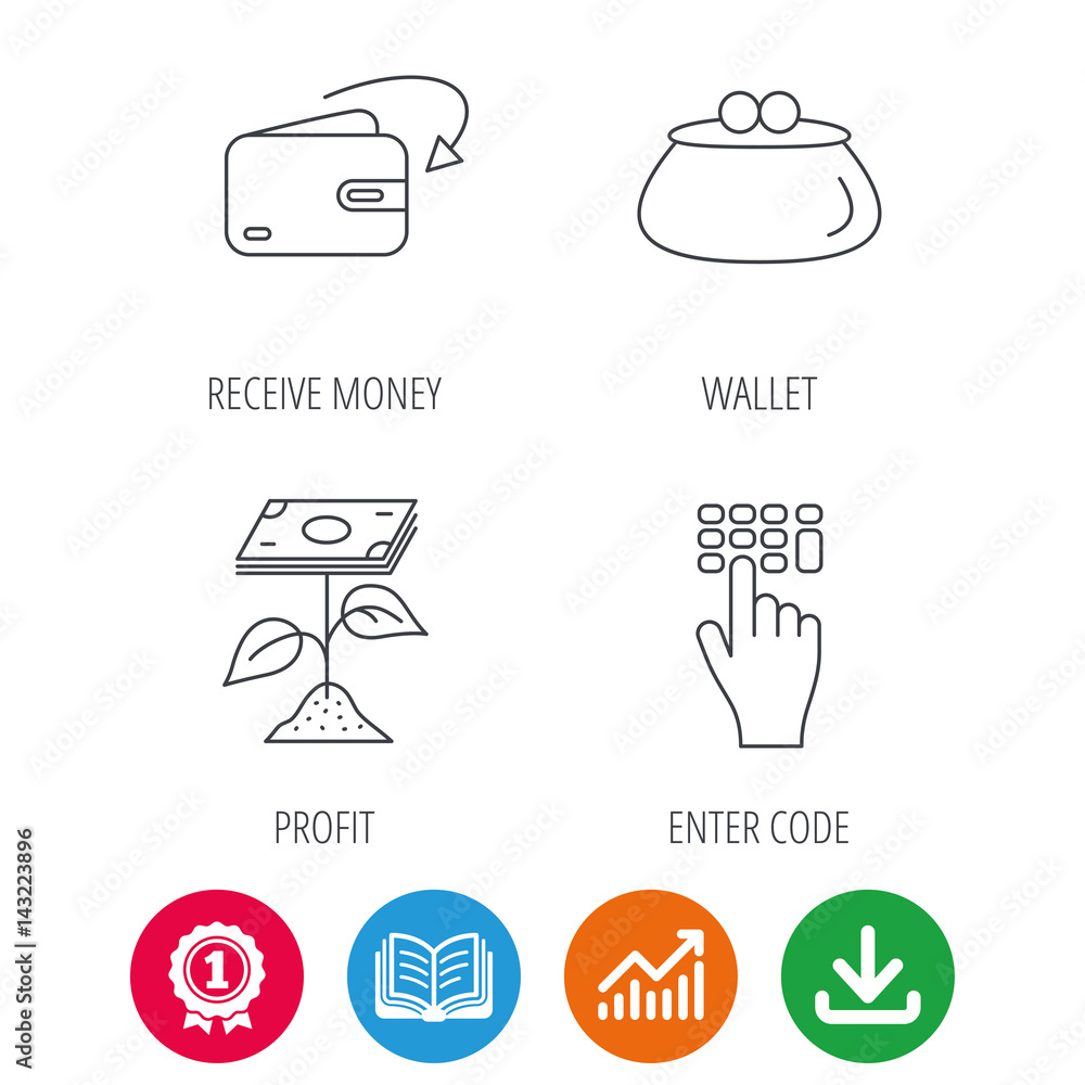 Cash money, profit and wallet icons. Receive money, enter code linear ...