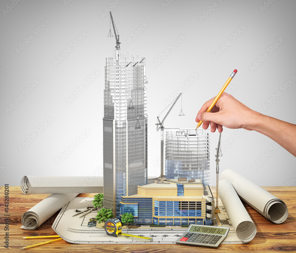 Construction concept. Skyscraper in process of construction on the ...